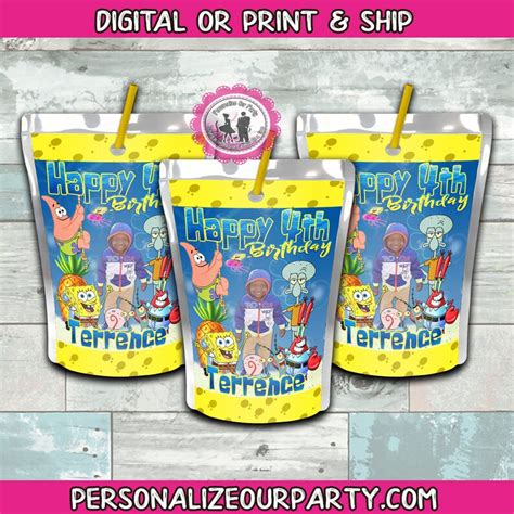 Spongebob Juice Pouch Stickers Digital Printed Spongebob Party Etsy