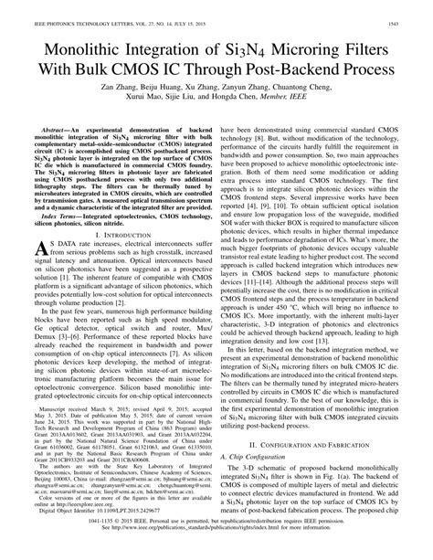 Pdf Monolithic Integration Of Si3n4 Microring Filters With Bulk Cmos