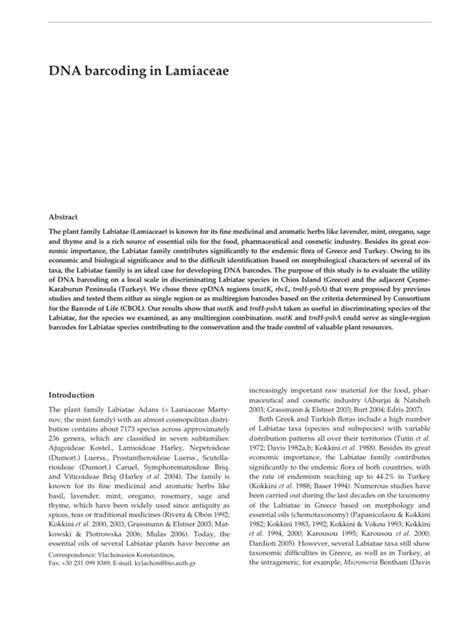 Dna Barcoding In Lamiaceae Pdf Polymerase Chain Reaction Molecular Biology
