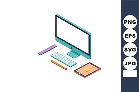 Desktop Computer With Keyboard Pencil Ruler And Tablet Vecto