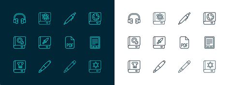지구 지구본과 책 만년필 펜촉 Pdf 파일 문서 지우개와 연필 무기에 대한 책 헤드폰 및 물리학 아이콘을 설정합니다 벡터 라인아트에 대한 스톡 벡터 아트 및 기타 이미지