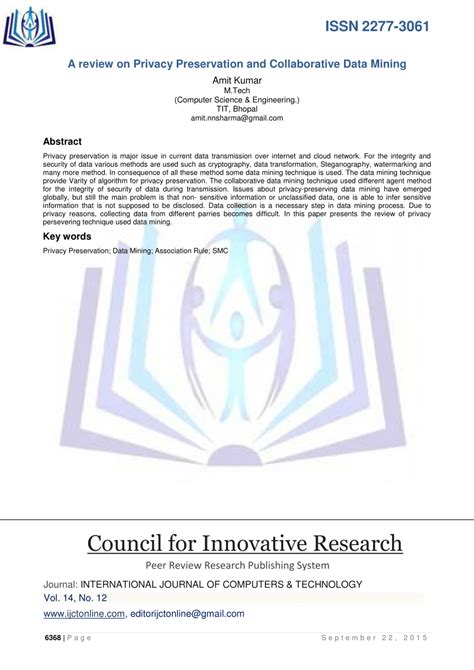 Pdf A Review On Privacy Preservation And Collaborative Data Mining