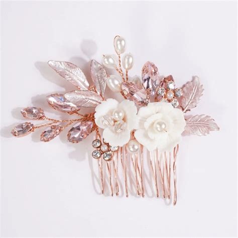 Accesoriu Par Auriu Rose Stil Pieptene Cu Floricele Si Cristale Roz