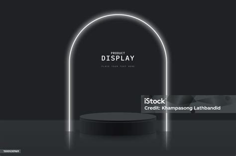 추상적이고 깨끗한 빈 스튜디오 룸 빛나는 아치 모양으로 사실적인 검은색 3d 실린더 연단 받침대 모형을 위한 최소한의 장면 쇼케이스를 위한 3d 무대 3d 벡터 기하학적
