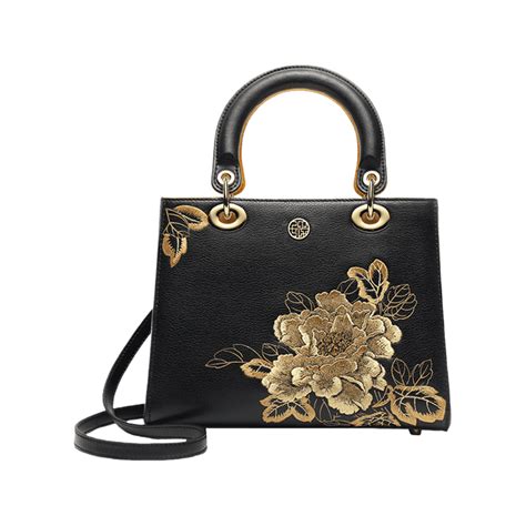 Embroidery Leather Black Lady Bag Gold Peony Luxury Handbag Sinocultural