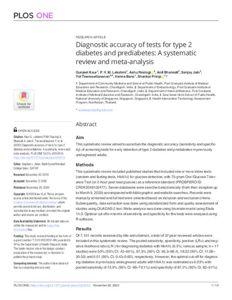Pdf Diagnostic Accuracy Of Tests For Type 2 Diabetes And Prediabetes A Systematic Review And