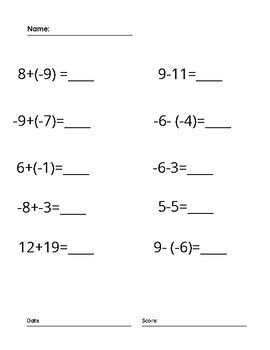 Positive And Negative Integers Quiz By MissKCollection TPT