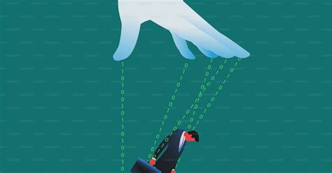 바이너리 코드 라인으로 사람을 조종하는 거대한 손 인터넷 보안 감시 해커 공격 개념 벡터 Illustraion 사진