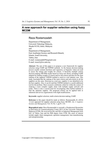 Pdf A New Approach For Supplier Selection Using Fuzzy Mcdm