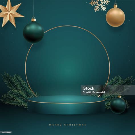 새해 선물이나 제품을 발표하기 위한 녹색 원통형 연단 녹색 배경에 제품 진열장을 서십시오 크리스마스에 대한 스톡 벡터 아트 및