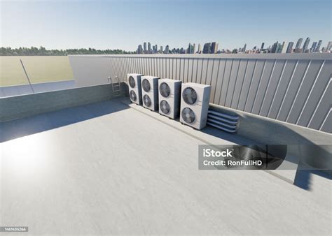 산업 플랜트 공장의 옥상에 있는 응축기 장치 또는 압축기의 3d 렌더링 Ac 또는 에어컨 Hvac 또는 난방 환기 및 에어컨