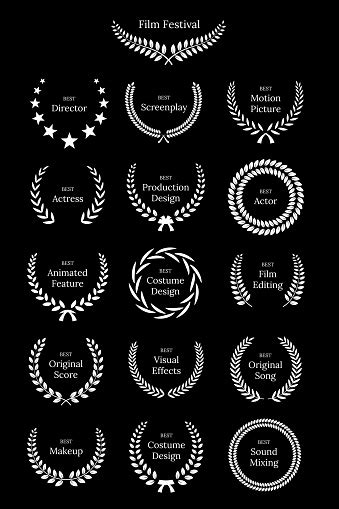 영화 상 디자인 요소와 화이트 월계관 화환 프리미엄 휘장 검은 배경에 전통적인 승리 기호 승리 수상 포스터 수상 리본 배너 레이아웃 프레임 테두리 템플릿 검은색에 대한 스톡