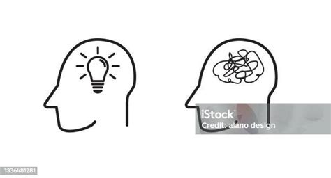 아이디어를 만드는 인간의 머리 전구 선 아이콘입니다 에너지와 생각 기호 창의적인 아이디어와 영감 개념 벡터 일러스트레이션 개념에