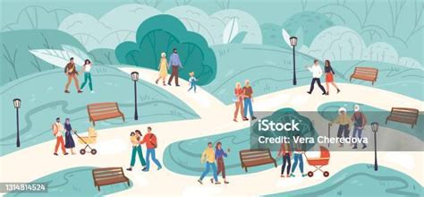 공원 벡터 일러스트 컨셉으로 걷는 플랫 만화 가족 캐릭터 가족에 대한 스톡 벡터 아트 및 기타 이미지 가족 걷기 디자인