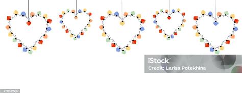 하트 모양의 화환 조명이 있는 수평 템플릿입니다 발렌타인 데이 카드 청첩장 웹 배너 포스터를 위한 다채로운 전구가 있는 장식적인 디자인 요소 2월에 대한 스톡 벡터 아트 및