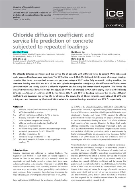 Pdf Chloride Diffusion Coefficient And Service Life Prediction Of Concrete Subjected To