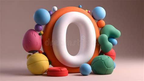 3d render of playful letter o surrounded by colorful cgi clay objects