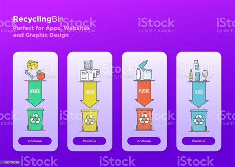 유기 종이 플라스틱 유리 쓰레기 분류의 유형을 보여 네 가지 색깔의 쓰레기통으로 생태 개념을 재활용 현대 플랫 씬 벡터 일러스트레이션 0명에 대한 스톡 벡터 아트 및 기타
