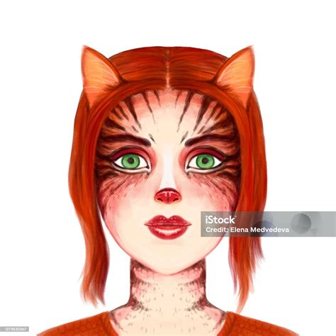 고양이 여자의 초상화의 그림 메이크업 신화 생물 이나 카니발 의상 텍스처 드로잉 가공의 인물에 대한 스톡 벡터 아트 및 기타 이미지 가공의 인물 고양잇과 귀여운
