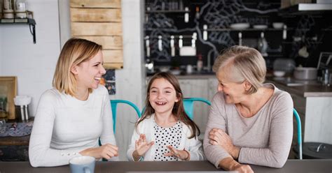 노트북을 들고 있는 어린 소녀와 집에 있는 어머니와 할머니 가족과 세대 개념입니다 사진 Unsplash의 랩톱 이미지