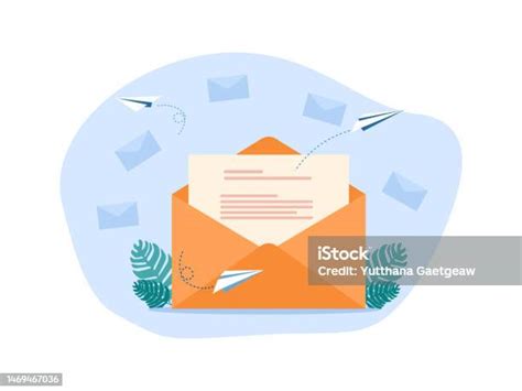 종이 비행기로 봉투를 엽니 다 새 이메일 알림을 표시합니다 이메일을 통해 편지를 보내십시오 소셜 미디어 마케팅 뉴스레터 구독 고객 참여에 대한 스톡 벡터 아트 및 기타