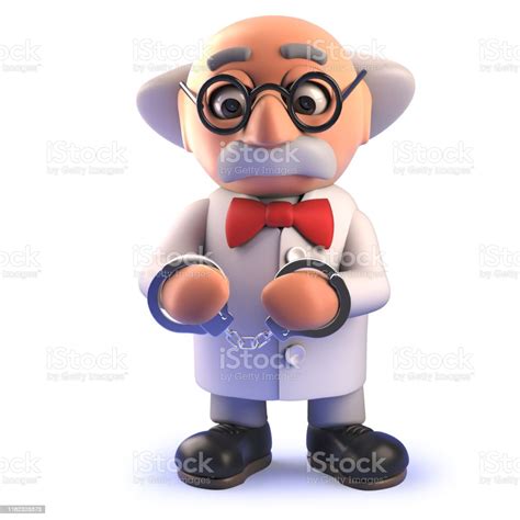 수갑 구속을 입고 만화 3d 재미 미친 과학자 캐릭터 과학에 대한 스톡 사진 및 기타 이미지 과학 과학자 교도소 Istock