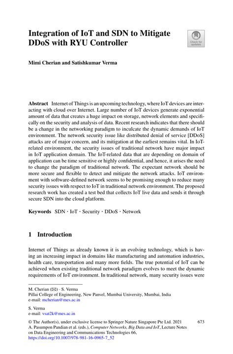Pdf Integration Of Iot And Sdn To Mitigate Ddos With Ryu Controller