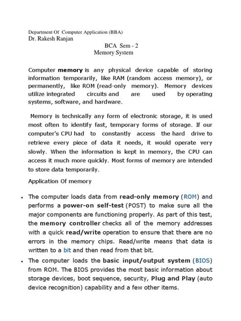 Bba Sem Ii Memory System By Dr Rakesh Ranjan Pdf