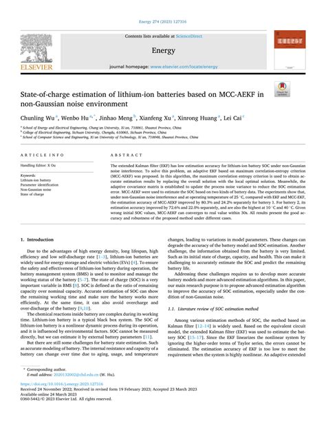 Pdf State Of Charge Estimation Of Lithium Ion Batteries Based On Mcc Aekf In Non Gaussian