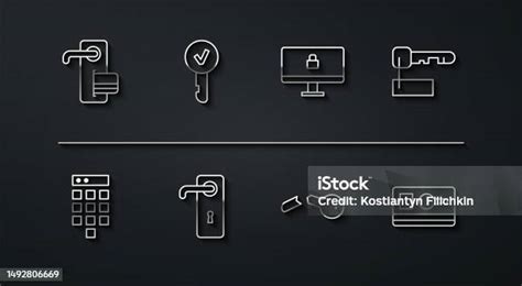 라인 디지털 도어 잠금 장치 암호 보호 표시된 키 깨진 도어 핸들 키 카드 및 잠금 컴퓨터 모니터 아이콘을 설정합니다 벡터 검은색에 대한 스톡 벡터 아트 및 기타 이미지