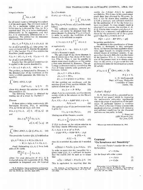 Comment On On Invariance And Sensitivity Ieee Journals And Magazine Ieee Xplore