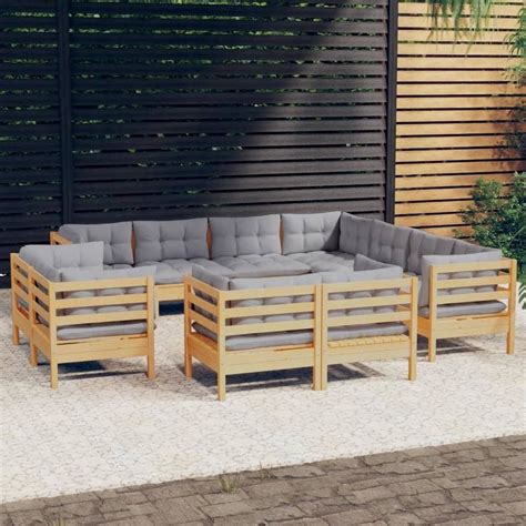 11 Piece Garden Lounge Set With Grey Cushions Solid Pinewood Vidaxl Big W