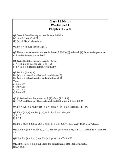 Cbse Sets Class 11 Worksheet Pdf