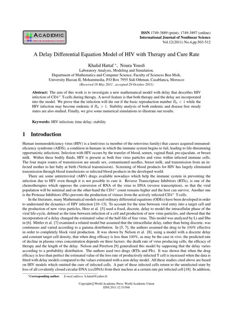 Pdf A Delay Differential Equation Model Of Hiv With Therapy And Cure Rate