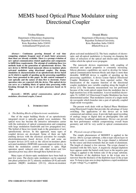 Pdf Mems Based Optical Phase Modulator Using Directional Coupler