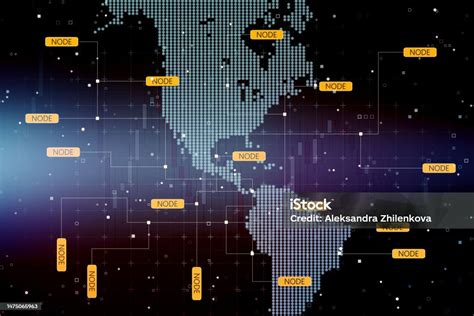 소프트웨어 시스템 기술 및 연구 개념에는 세계 지도가 있는 어두운 배경에 디지털 노란색 노드 버튼이 있습니다 3d 렌더링 0명에 대한 스톡 사진 및 기타 이미지 Istock