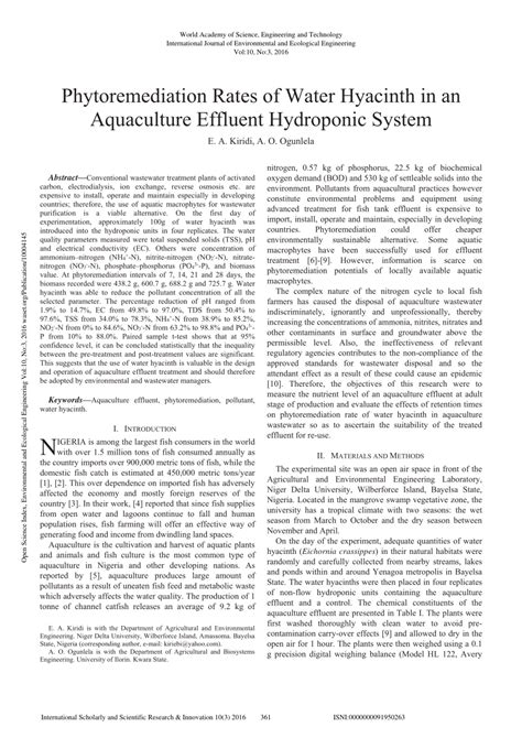 Pdf Phytoremediation Rates Of Water Hyacinth In An Aquaculture