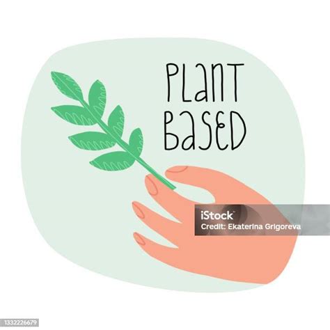 손으로 그린 식물 기반 제품 아이콘 손 글자 라벨 깨끗하고 건강한 식생활 채식주의 자 비건 음식 기호 사람의 손에는 녹색 식물