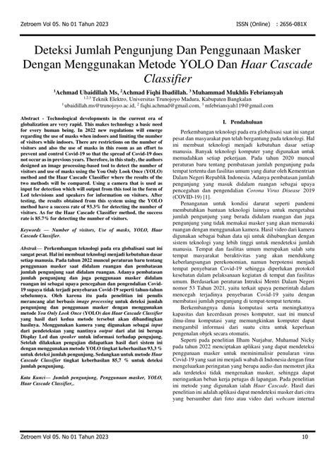 Pdf Deteksi Jumlah Pengunjung Dan Penggunaan Masker Dengan Menggunakan Metode Yolo Dan Haar