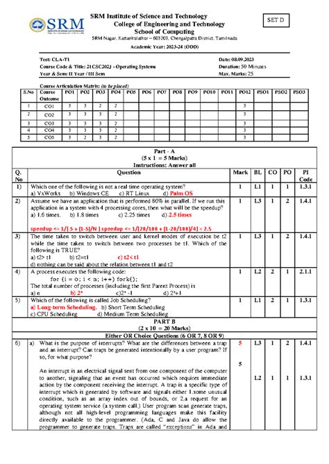 Set D Cla T1 Answer Key Ct Paper Ans Key Srm Institute Of Science And Technology College Of