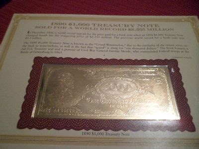 22kt Gold 1890 1 000 U S Treasury Note From The Danbury Mint Grand
