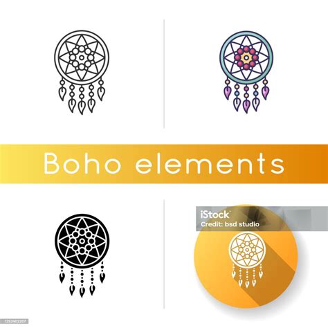 보호 스타일 드림캐처 아이콘 아메리카 원주민 인디언 신비의 상징 문자열 그물 구슬과 깃털꿈 포수 리니어 블랙 및 Rgb 색상 스타일 격리된 벡터 그림 0명에 대한 스톡 벡터