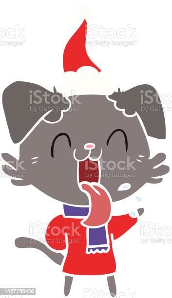 산타 모자를 쓰고 헐떡이는 강아지의 손으로 그린 평면 색상 그림 개에 대한 스톡 벡터 아트 및 기타 이미지 개 귀여운 낙서 드로잉 Istock