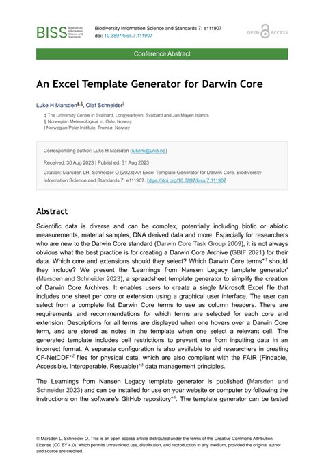 Pdf An Excel Template Generator For Darwin Core