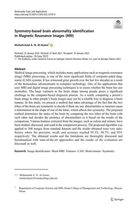 Pdf Symmetry Based Brain Abnormality Identification In Magnetic Resonance Images Mri