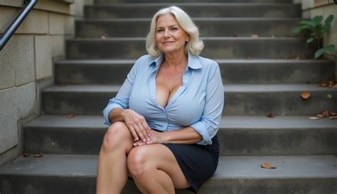 Older Woman 65 70 Years Old Sits On A Street Staircase With Her Legs