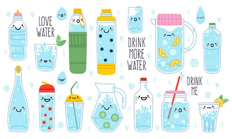 낙서는 더 많은 물을 마십니다 머그컵 유리 병에 귀여운 손 그린 물 마스코트 건강한 의식음료 더 많은 물 벡터 일러스트 세트 0명에 대한 스톡 벡터 아트 및 기타 이미지