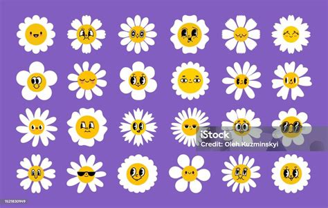 Bunga Daisy Kartun Bunga Wajah Retro Tersenyum Karakter Chamomile