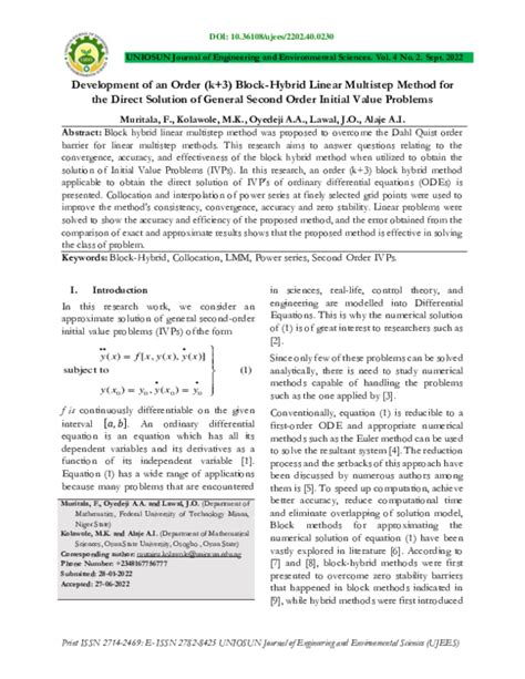 Pdf Development Of An Order K3 Block Hybrid Linear Multistep Method For The Direct Solution