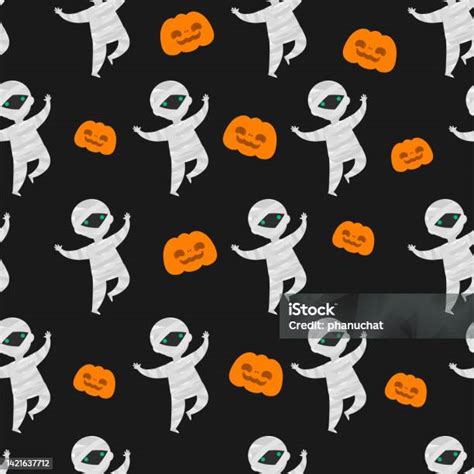 귀여운 미라 트릭 또는 배경 휴일 만화 캐릭터 플랫 스타일 벡터 일러스트 레이 션과 행복한 할로윈 파티 원활한 패턴 10월에